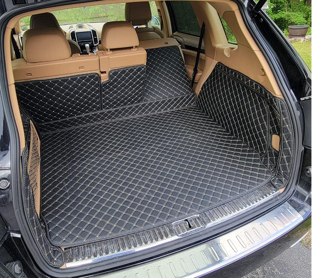 Worth-Mats Trunk Mat Compatible with Porsche Cayenne SUV Fuel 2019-2024 3D Full Coverage Cargo Liner Black with Gold Stitching