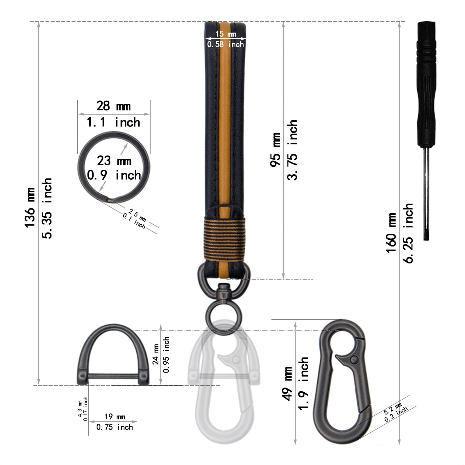 TANGSEN Yellow Black Leather Keychain Handmade Wrist Strap Fingerprint Resistant