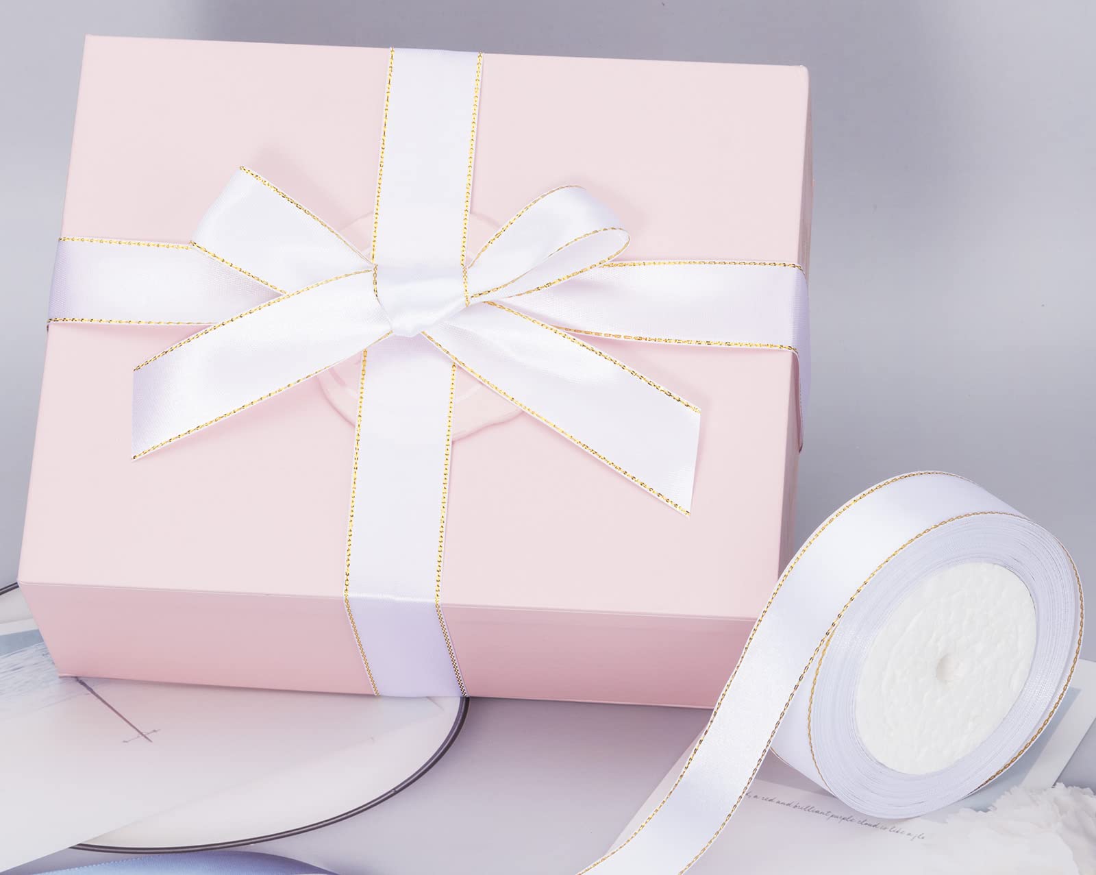 YASEO 25 Yards 1 Inch White Satin Ribbon with Gold Edges, Gold Border Fabric Ribbons for Gift Wrapping and Crafts