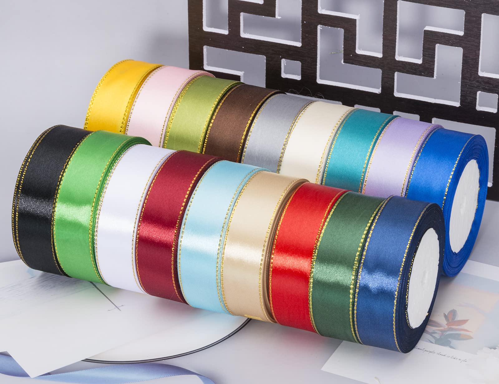 YASEO 25 Yards 1 Inch White Satin Ribbon with Gold Edges, Gold Border Fabric Ribbons for Gift Wrapping and Crafts