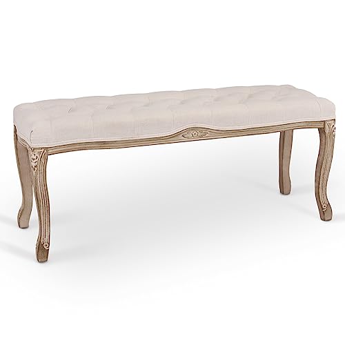 VONLUCE French Vintage Bench with Padded Seat & Rubberwood Legs, 44" Upholstered Entryway Bench & Dining Bench, Tufted Fabric End of Bed Bench for Bedroom Living Room Hallway More, Beige