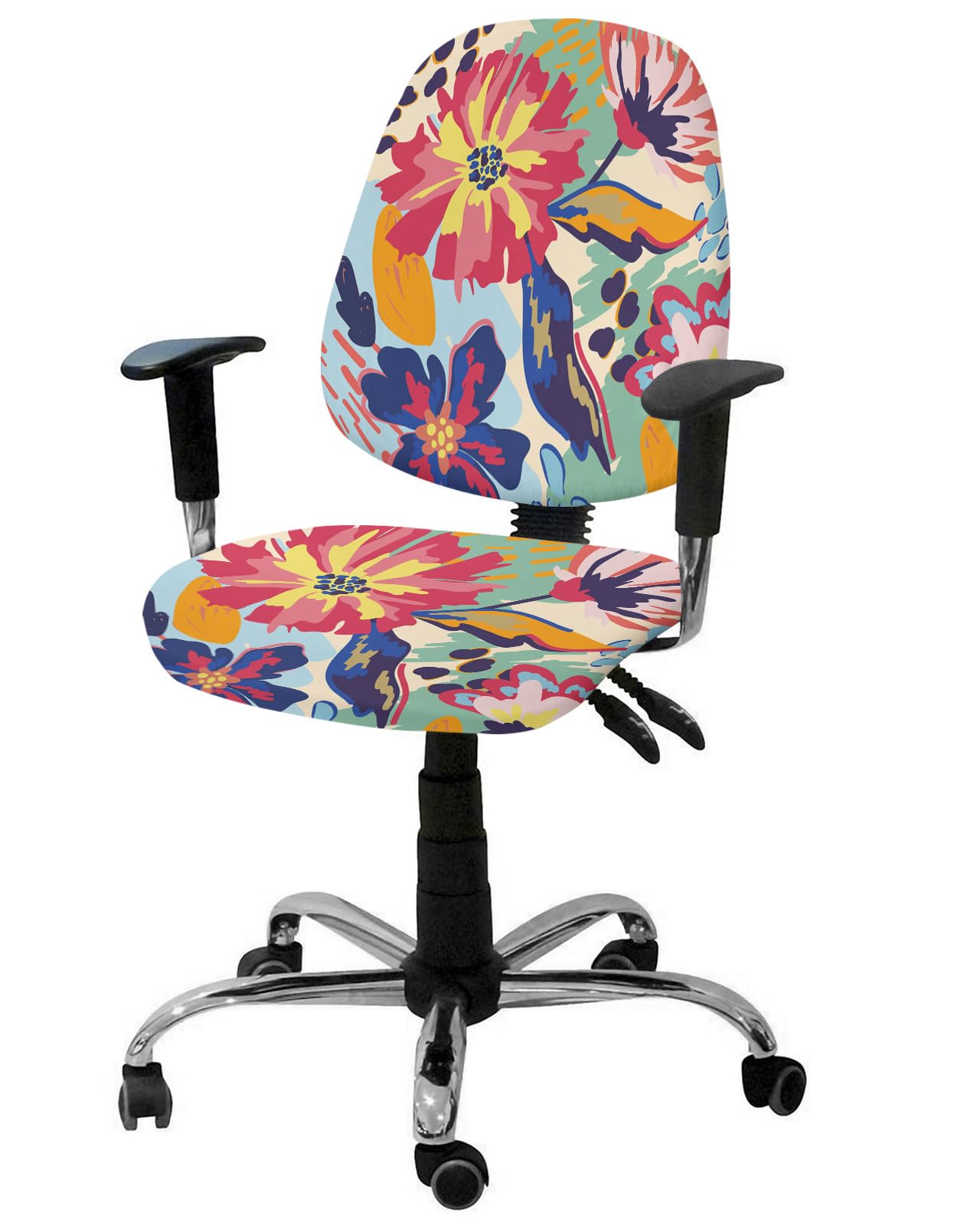 Double Love Abstract Flowers 2 Pieces Computer Office Chair Covers Set, Stretchable Desk Rotating Chair Seat Cushion Slipcover Back Covers, Decorative Protectors Cover Modern Painting Art Watercolor