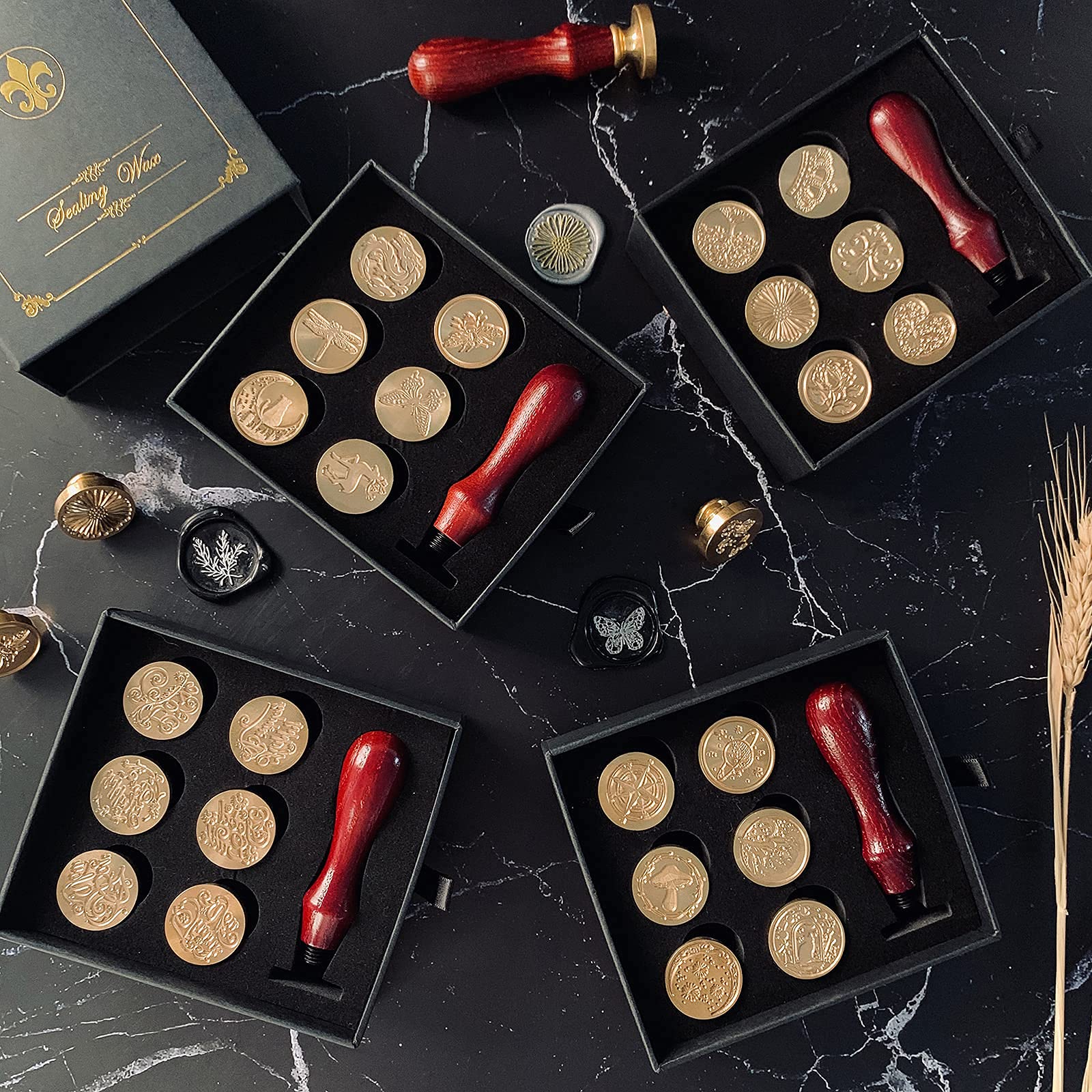 Wax Seal Stamp Gift Box Set, 6 Pcs Sealing Wax Stamps Copper Seals 1 Wooden Hilt, Wax Stamp Kit for Cards Envelopes, Gift Packaging (Vast Universe Series)