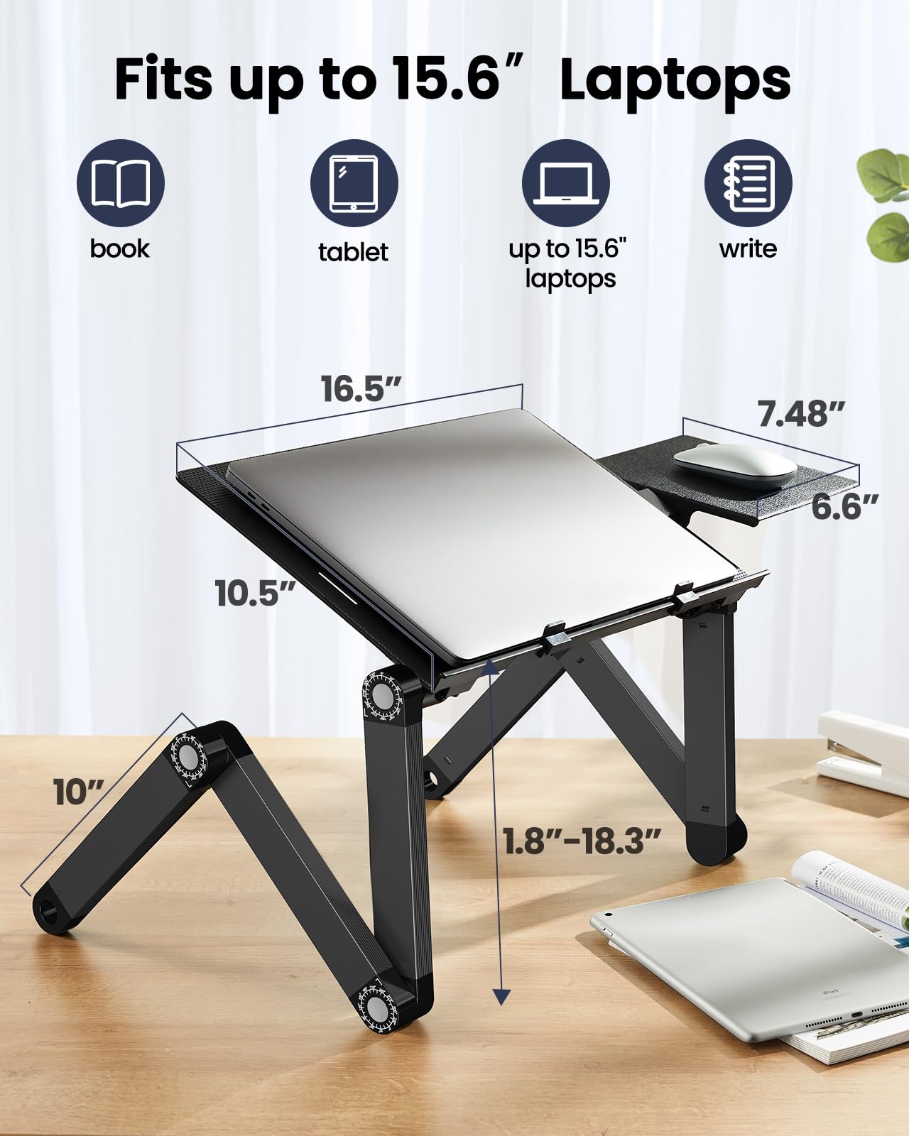 HUANUO Adjustable Laptop Stand, Laptop Desk for up to 15.6" Laptops, Portable Laptop Table Stand with 2 CPU Fans, Detachable Mouse Pad, Ergonomic Lap Desk for Laptop, TV Bed Tray, Standing Desk