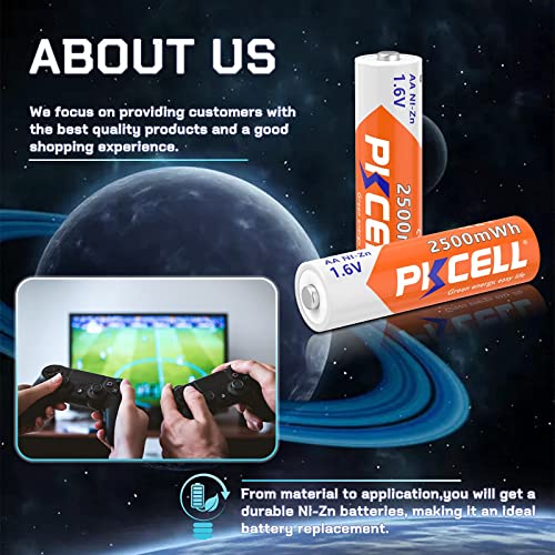 PKCELL Rechargeable AA Batteries NiZn Double A 1.6V 2500mWh Battery- 4Count for Thermometer Cameras Power