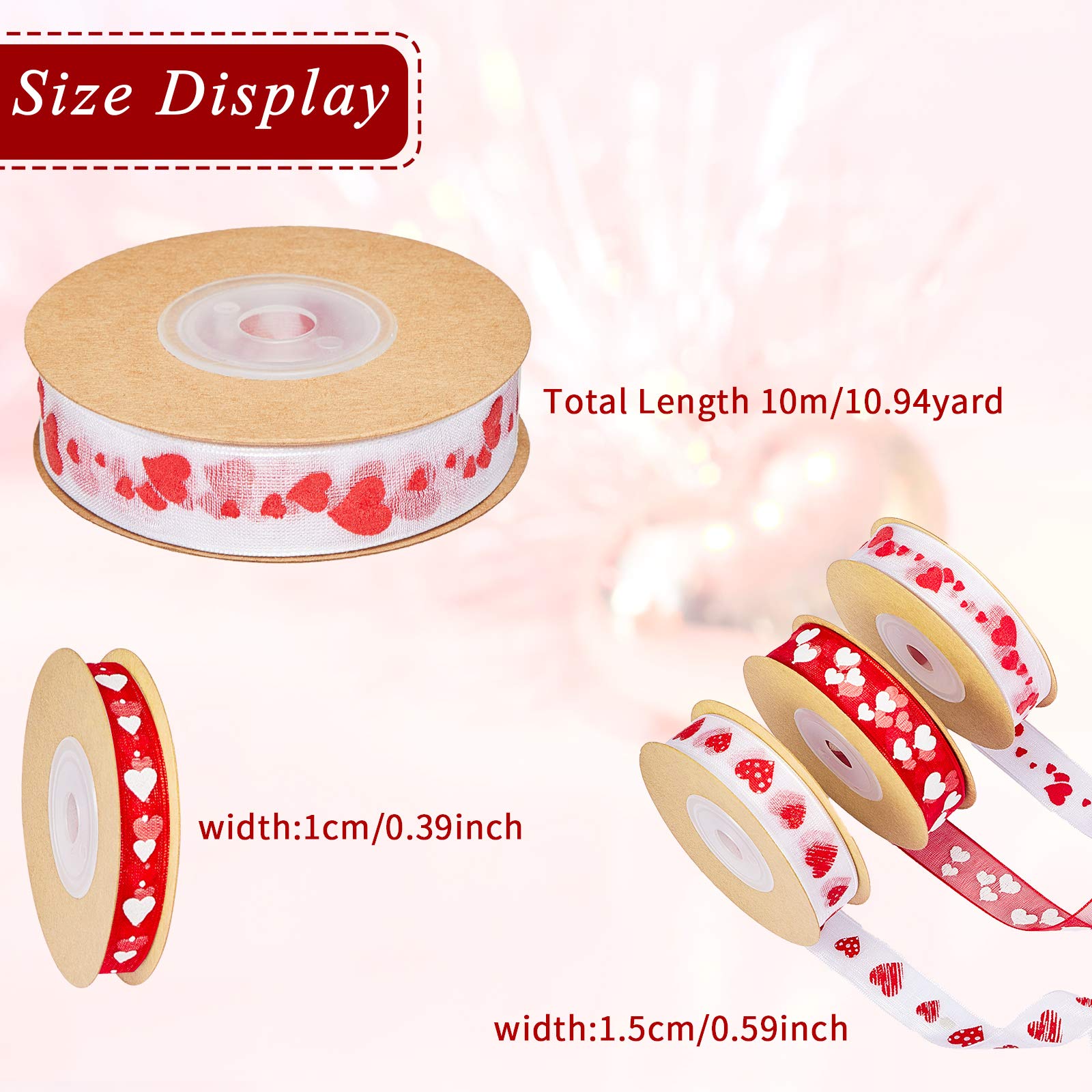 4 Rolls Valentine's Day Ribbon Heart Organza Ribbons Heart Printed Ribbon for Valentine's Day Wedding Decoration DIY Wrapping Crafts Wreath Decor, 44 Yards Total Long