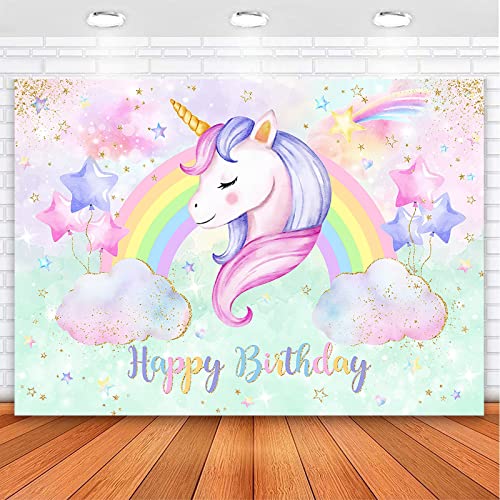 Avezano Unicorn Birthday Backdrop Pastel Rainbow Cloud Glitter Stars Unicorn Birthday Decorations Girls Unicorn Birthday Party Banner Decorations (7x5)