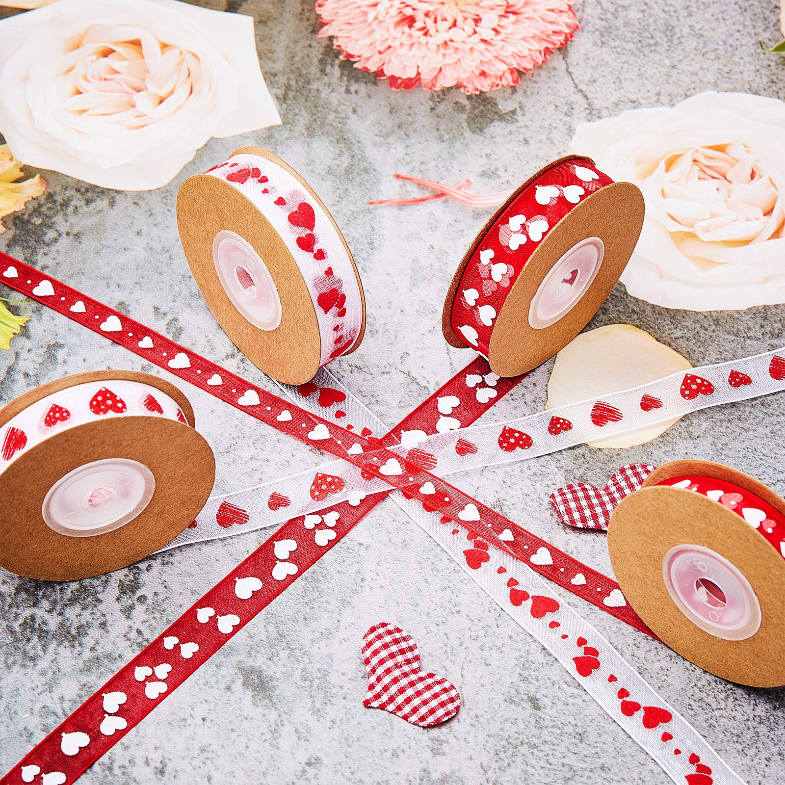 4 Rolls Valentine's Day Ribbon Heart Organza Ribbons Heart Printed Ribbon for Valentine's Day Wedding Decoration DIY Wrapping Crafts Wreath Decor, 44 Yards Total Long