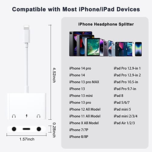 LXJADAP iPhone Headphone Splitter,3 in 1 Dual 3.5mm Headphone Jack Adapter, with Charging iPhone Splitter, Compatible with iPhone 14/13/12/11/X/8/8plus/7/7plus/iPad-Support iOS 16