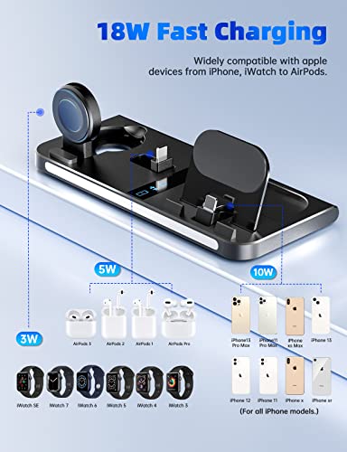 3 in 1 Charging Station, Foldable Charging Stand for Multiple Apple Devices Compatible with iPhone, iWatch, Air Pods, 18W Fast Charge Portable Travel Charger with QC3.0 Adapter…