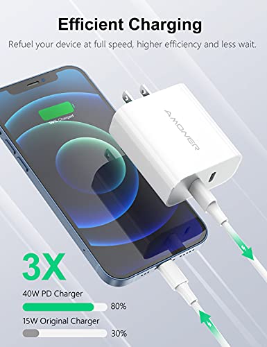USB C Charger, Amoner 40W for iPhone 13 Fast Charger, Dual Ports USB-C Wall Charger with PD 3.0 Power Delivery Adapter for iPhone 14/13/12/12 Pro/12 Pro Max/12 Mini/11,Galaxy,Pixel 4/3