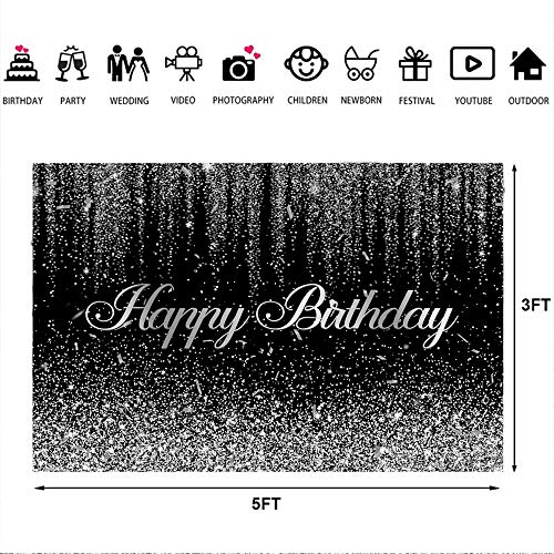 5×3ft Black Silver Bokeh Birthday Backdrop Silver Confetti Sweet 16 30th 40th 50th 60th 70th Bday Party Banner Decorations Happy Birthday Photography Background for Adult Party Photo Studio Props