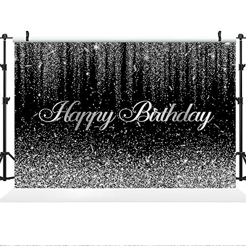 5×3ft Black Silver Bokeh Birthday Backdrop Silver Confetti Sweet 16 30th 40th 50th 60th 70th Bday Party Banner Decorations Happy Birthday Photography Background for Adult Party Photo Studio Props