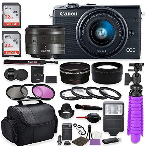 Canon EOS M100 Mirrorless Digital Camera (Black) Premium Accessory Bundle with Canon EF-M 15-45mm is STM Lens (Graphite) + Shoulder Case + 64GB Memory + HD Filters + Auxiliary Lenses (Renewed)