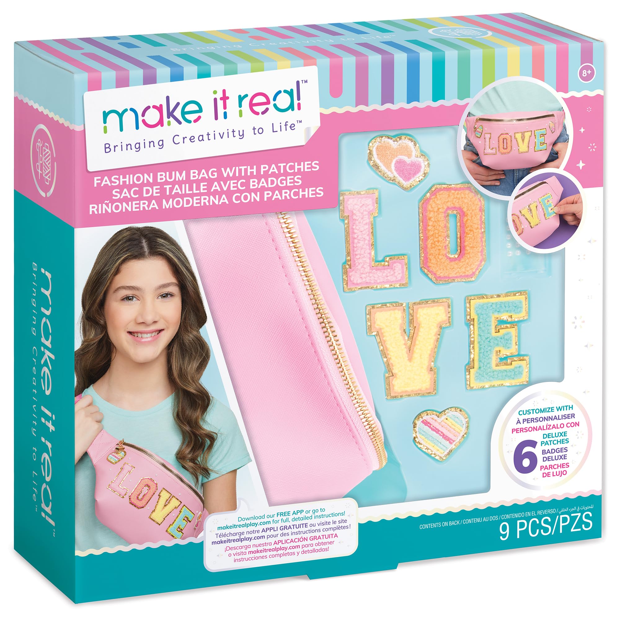 Make It Real: Fashion Bum Bag with Patches - 9 pcs, Pink Zipper Bag with Rainbow Band, DIY Customize, Love Patches, Tweens, Girls & Kids Ages 8+