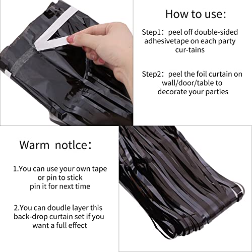 Black Party Decorations 3 Packs Black Foil Fringe Curtain Tinsel Backdrop Curtain for Birthday Party 3.2 Ft X 8.2 Ft Door Streamers Foil Backdrop Curtain Halloween Wall Backdrop Photo Booth