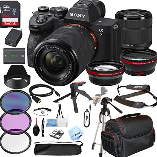 Sony a7 IV Mirrorless Camera with 28-70mm LensΒ + 64GB Memory, Wide Angle + Telephoto Lens, Filters, Case, Tripod + More (28PC Bundle Kit) (Renewed)