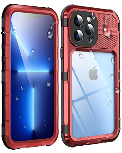 WIFORT iPhone 13 Pro Max Waterproof Metal Case - Built-in [Screen Protector][15FT Military Grade Shockproof][IP68 Water Proof], Full Body Aluminum Protective Dropproof Cover, 6.7" Red