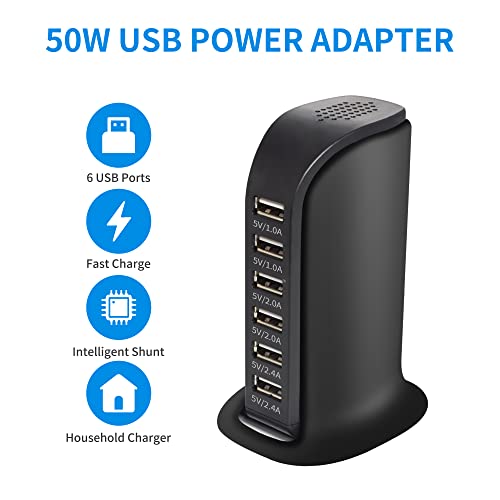 Wyssay 10A(50W) 6-Port Independent Desktop USB Charging Station,Multi USB Fast Charger Compatible with iPhone 13/13pro Max 12/12 Mini/12Pro/12 Pro Max/11/11 Pro iPad AirPod,Tablets(Black)