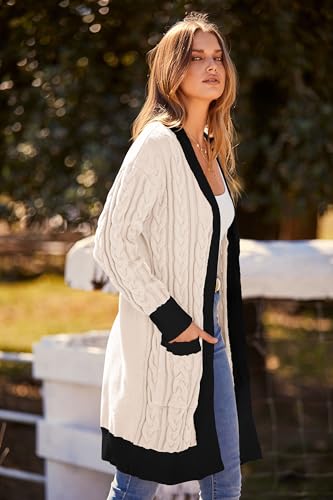 PRETTYGARDEN Women's 2024 Fall Cable Knit Cardigan Sweaters Casual Long Sleeve Open Front Loose Outerwear Coats (Beige,Medium)