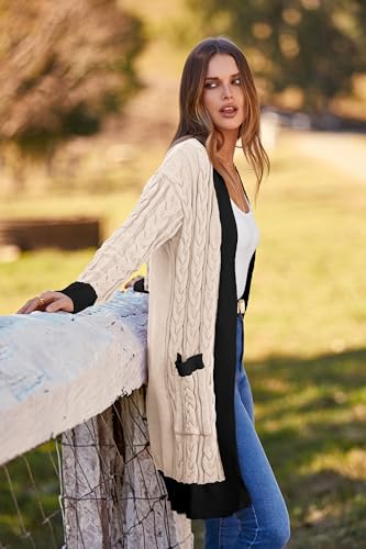 PRETTYGARDEN Women's 2024 Fall Cable Knit Cardigan Sweaters Casual Long Sleeve Open Front Loose Outerwear Coats (Beige,Medium)