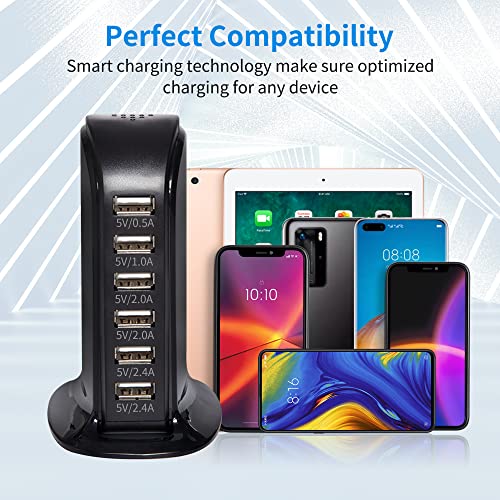 Wyssay 10A(50W) 6-Port Independent Desktop USB Charging Station,Multi USB Fast Charger Compatible with iPhone 13/13pro Max 12/12 Mini/12Pro/12 Pro Max/11/11 Pro iPad AirPod,Tablets(Black)