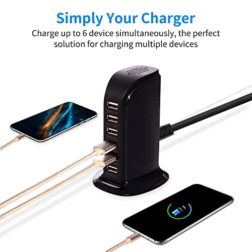 Wyssay 10A(50W) 6-Port Independent Desktop USB Charging Station,Multi USB Fast Charger Compatible with iPhone 13/13pro Max 12/12 Mini/12Pro/12 Pro Max/11/11 Pro iPad AirPod,Tablets(Black)