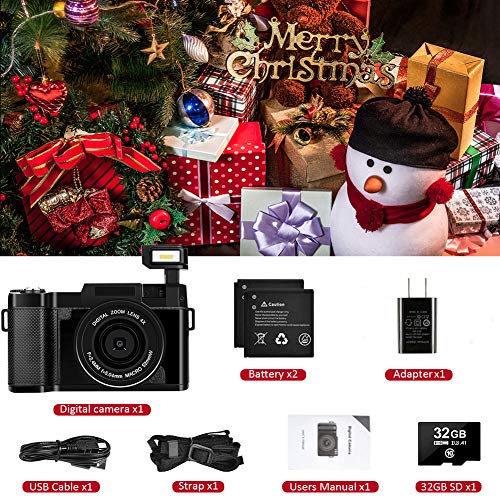 Digital Camera Vlogging Camera Full HD 2.7K 30MP Vlog Camera for YouTube Compact Digital Cameras with 32G Memory Card and 2 Batteries(Fixed Focus)