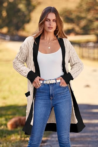 PRETTYGARDEN Women's 2024 Fall Cable Knit Cardigan Sweaters Casual Long Sleeve Open Front Loose Outerwear Coats (Beige,Medium)