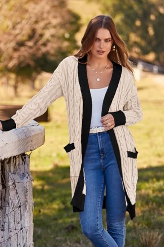 PRETTYGARDEN Women's 2024 Fall Cable Knit Cardigan Sweaters Casual Long Sleeve Open Front Loose Outerwear Coats (Beige,Medium)