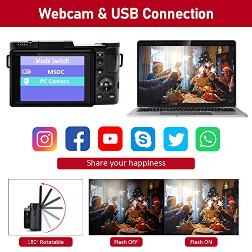 Digital Camera Vlogging Camera Full HD 2.7K 30MP Vlog Camera for YouTube Compact Digital Cameras with 32G Memory Card and 2 Batteries(Fixed Focus)