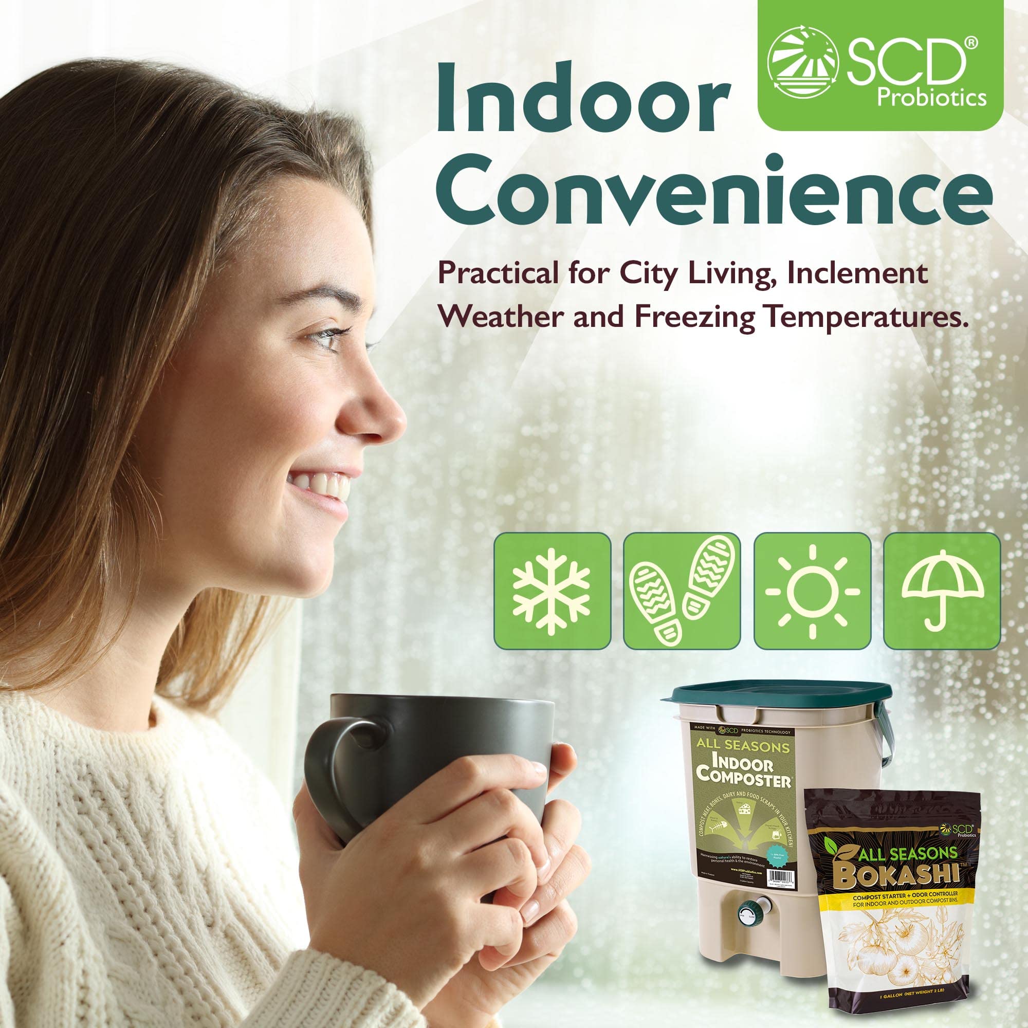 All Seasons Indoor Composter Starter Kit – 5 Gallon Tan Compost Bin For Kitchen Countertop With Lid, Spigot & 1 Gallon (2 lbs.) Bag Of Dry Bokashi Bran – by SCD Probiotics
