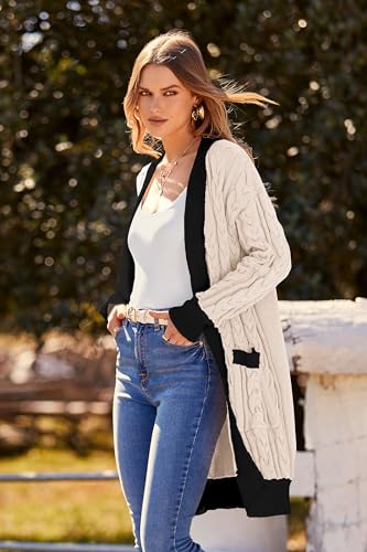 PRETTYGARDEN Women's 2024 Fall Cable Knit Cardigan Sweaters Casual Long Sleeve Open Front Loose Outerwear Coats (Beige,Medium)