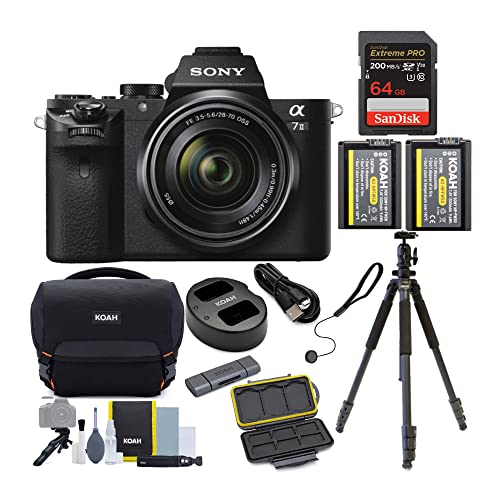 Sony Alpha a7II Mirrorless Digital Camera with 28-70mm OSS Lens Bundle with 60-Inch Tripod, Camera Bag, 64GB SD Card, Card Case and Reader, Battery and Dual Charger, and Lens Cap Keeper (8 Items)
