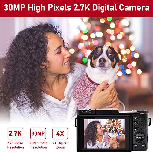 Digital Camera Vlogging Camera Full HD 2.7K 30MP Vlog Camera for YouTube Compact Digital Cameras with 32G Memory Card and 2 Batteries(Fixed Focus)