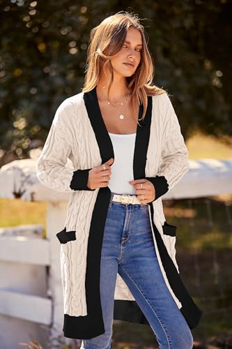 PRETTYGARDEN Women's 2024 Fall Cable Knit Cardigan Sweaters Casual Long Sleeve Open Front Loose Outerwear Coats (Beige,Medium)