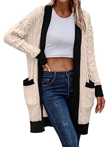 PRETTYGARDEN Women's 2024 Fall Cable Knit Cardigan Sweaters Casual Long Sleeve Open Front Loose Outerwear Coats (Beige,Medium)