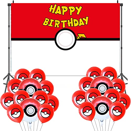 Poke Party Supplies-33pcs Poke Latex Balloons,Poke Foil Balloons and Poke Backdrop for Poke Birthday Party Decorations