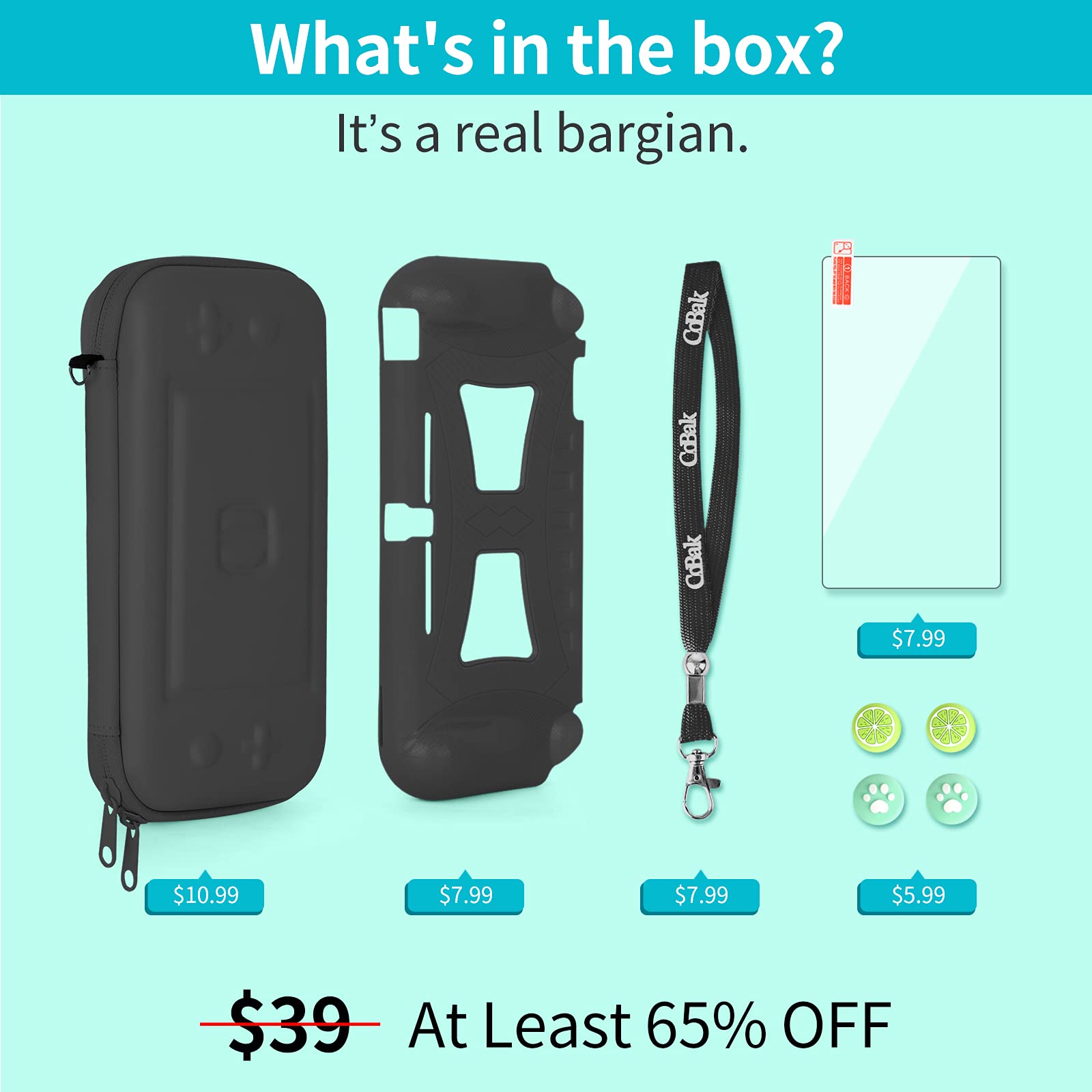 CoBak Carrying Case for Nintendo Switch Lite - with 1 Screen Protector, 1 Grip Case and 4 Thumb Grip Caps, Ultra Slim Premium EVA Travel Pouch Protective Cover, 8 Game Cartridges, Black
