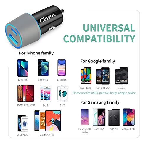 Dual USB Car Charger Adapter, Cluvox 20W Fast Charge Car Charger Compatible for iPhone 14/13/12/11 Pro/MAX/XS/XR/8/SE 2020/iPad 8th/Pro/Air 4/Mini, Google Pixel 5/4 XL, Samsung Cigarette USB Charger