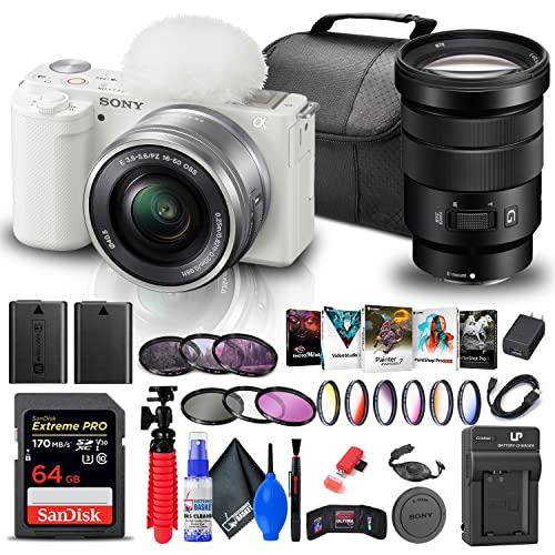 Sony ZV-E10 Mirrorless Camera with 16-50mm Lens (White) (ILCZV-E10L/W) + Sony 18-105mm Lens + 64GB Card + Color Filter Kit + Filter Kit + Corel Photo Software + Bag + NPF-W50 Battery + More (Renewed)