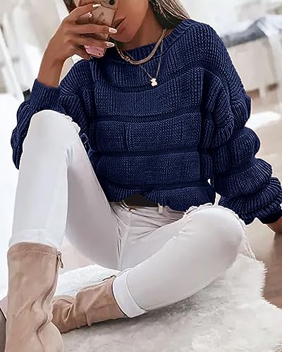 PRETTYGARDEN Women's 2024 Fall Sweaters Casual Crew Neck Pullover Long Puff Sleeve Loose Plain Chunky Knit Cute Blouse Tops (Navy,Large)
