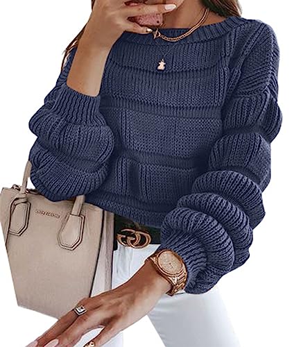 PRETTYGARDEN Women's 2024 Fall Sweaters Casual Crew Neck Pullover Long Puff Sleeve Loose Plain Chunky Knit Cute Blouse Tops (Navy,Large)