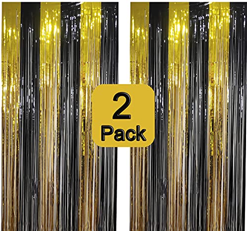 2 Pack 3.3ft x 9.8ft Metallic Fringe Curtains Door Foil Curtains Metallic Curtains Halloween Christmas Party Decoration Tinsel Curtains for Photo Backdrop Party Decorations (Black Gold-2)