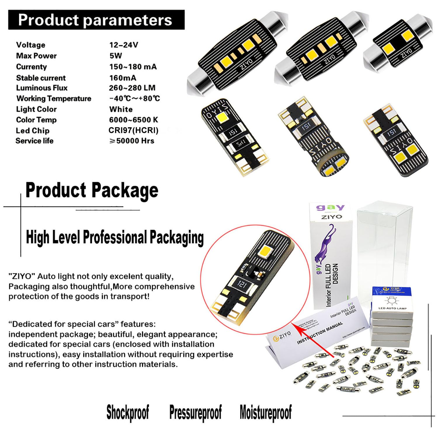 ZIYO ZPL8997 - (12 Bulbs) LED Interior Light Kit Replacement for Porsche 997 911 Carrera 2004-2012 + License Plate Light Bulbs Package, White Dome Lights Error Free