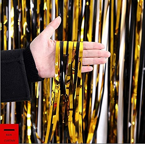 2 Pack 3.3ft x 9.8ft Metallic Fringe Curtains Door Foil Curtains Metallic Curtains Halloween Christmas Party Decoration Tinsel Curtains for Photo Backdrop Party Decorations (Black Gold-2)