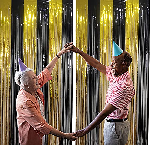 2 Pack 3.3ft x 9.8ft Metallic Fringe Curtains Door Foil Curtains Metallic Curtains Halloween Christmas Party Decoration Tinsel Curtains for Photo Backdrop Party Decorations (Black Gold-2)