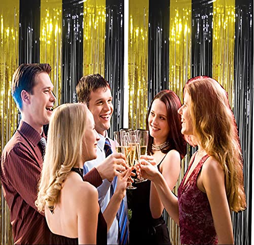 2 Pack 3.3ft x 9.8ft Metallic Fringe Curtains Door Foil Curtains Metallic Curtains Halloween Christmas Party Decoration Tinsel Curtains for Photo Backdrop Party Decorations (Black Gold-2)
