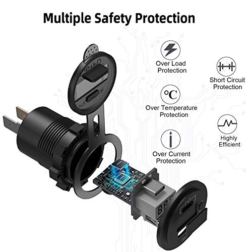 2 Pack USB C Car Charger Socket, Qidoe 12V USB Outlet PD3.0 20W USB C and 18W QC3.0 Car USB Port with LED Voltmeter and ON/Off Switch Fast Car USB Outlet for Car Boat Marine RV Truck Golf Motorcycle