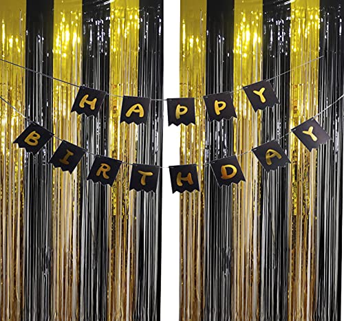 2 Pack 3.3ft x 9.8ft Metallic Fringe Curtains Door Foil Curtains Metallic Curtains Halloween Christmas Party Decoration Tinsel Curtains for Photo Backdrop Party Decorations (Black Gold-2)